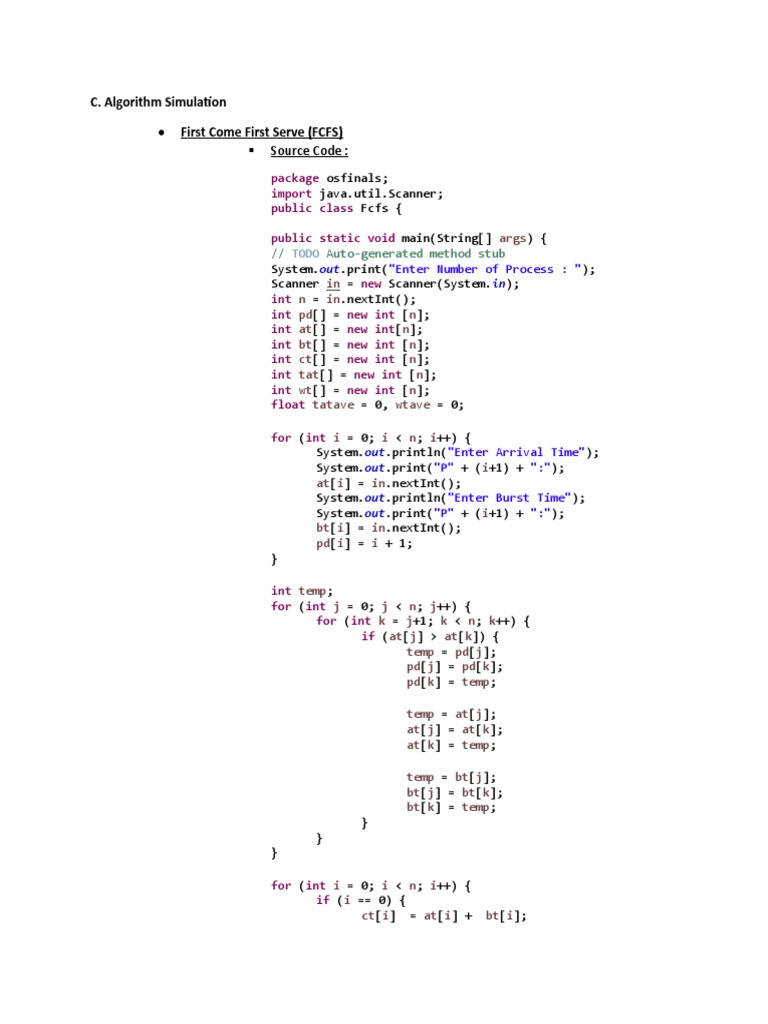 First Come First Serve (FCFS) Source Code:: C. Algorithm Simulation | PDF | Theoretical Computer ...