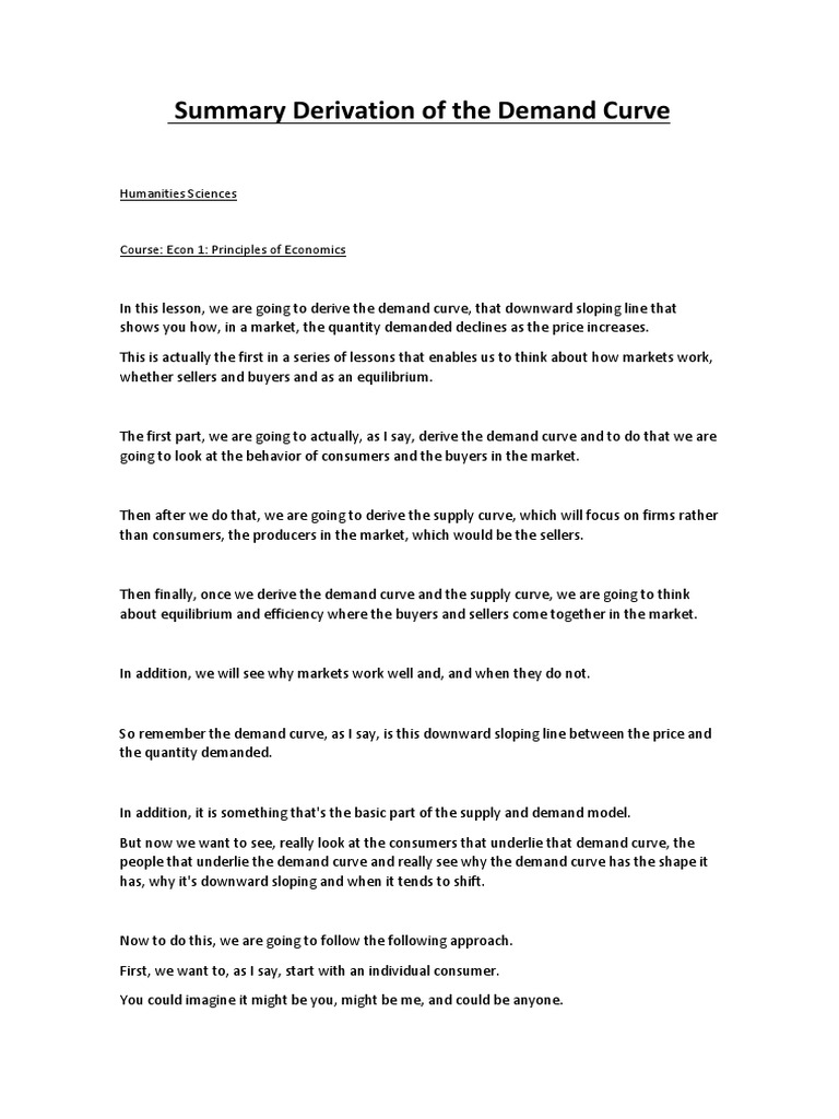 Summary Derivation of The Demand Curve | Download Free PDF | Demand ...
