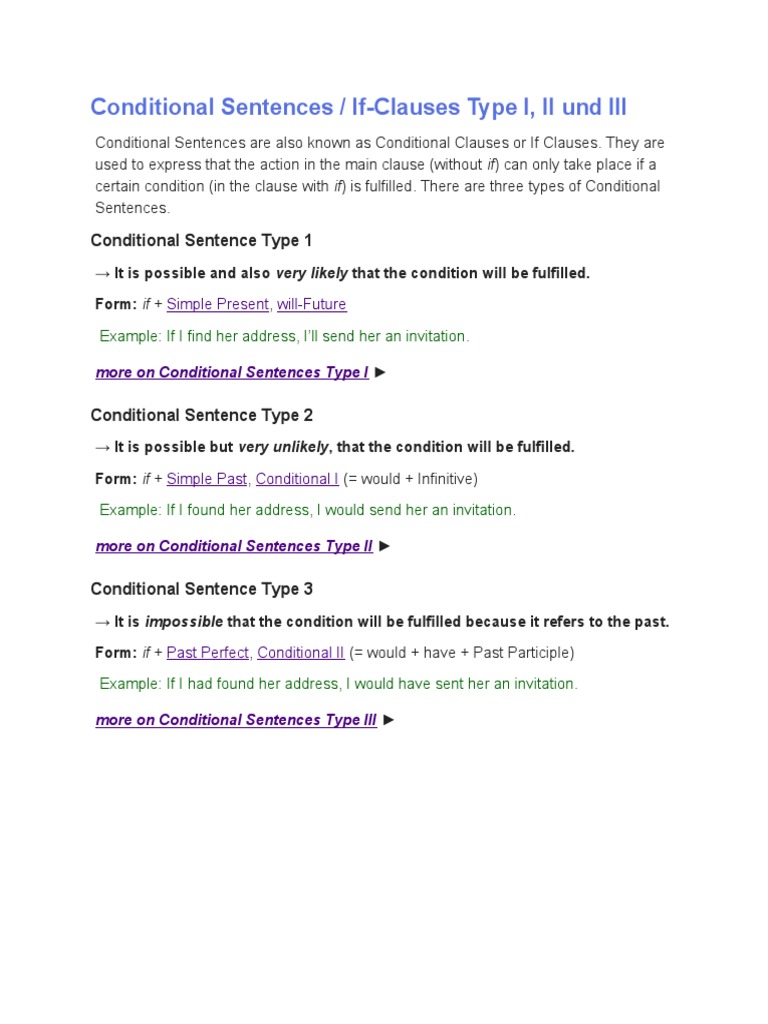 Conditional Sentences If Clauses Type I Ii Und Iii Pdf Philosophy