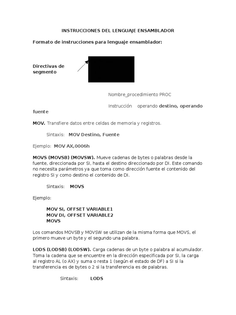 Instrucciones Del Lenguaje Ensamblador | PDF | Lenguaje ensamblador | Lenguaje de programación