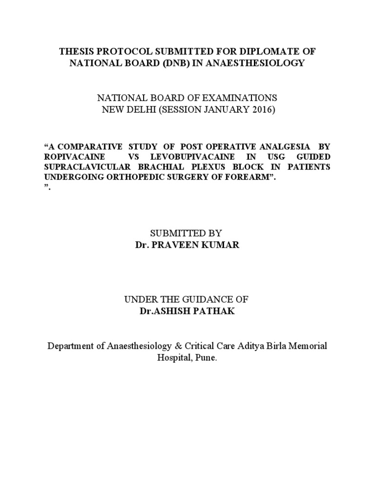 Thesis Protocol Submitted For Diplomate of National Board (DNB) in Anaesthesiology | PDF ...