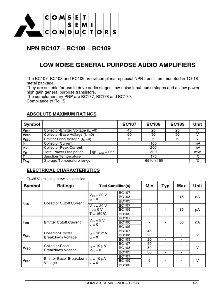 BC109C Datasheet (PDF) - Comset PDF | PDF | Bipolar Junction Transistor ...