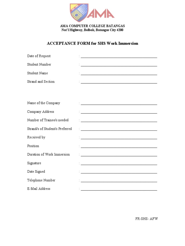 SHS - Acceptance Form | PDF