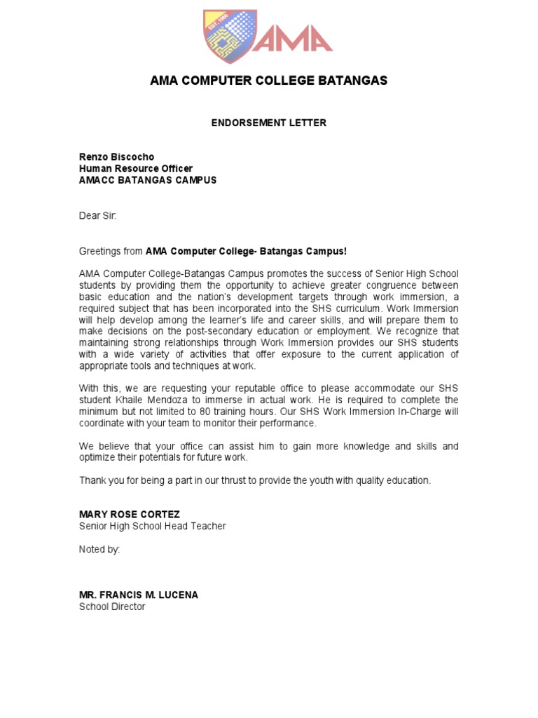 ENDORSEMENT LETTER-ama | PDF | Education Theory | Communication