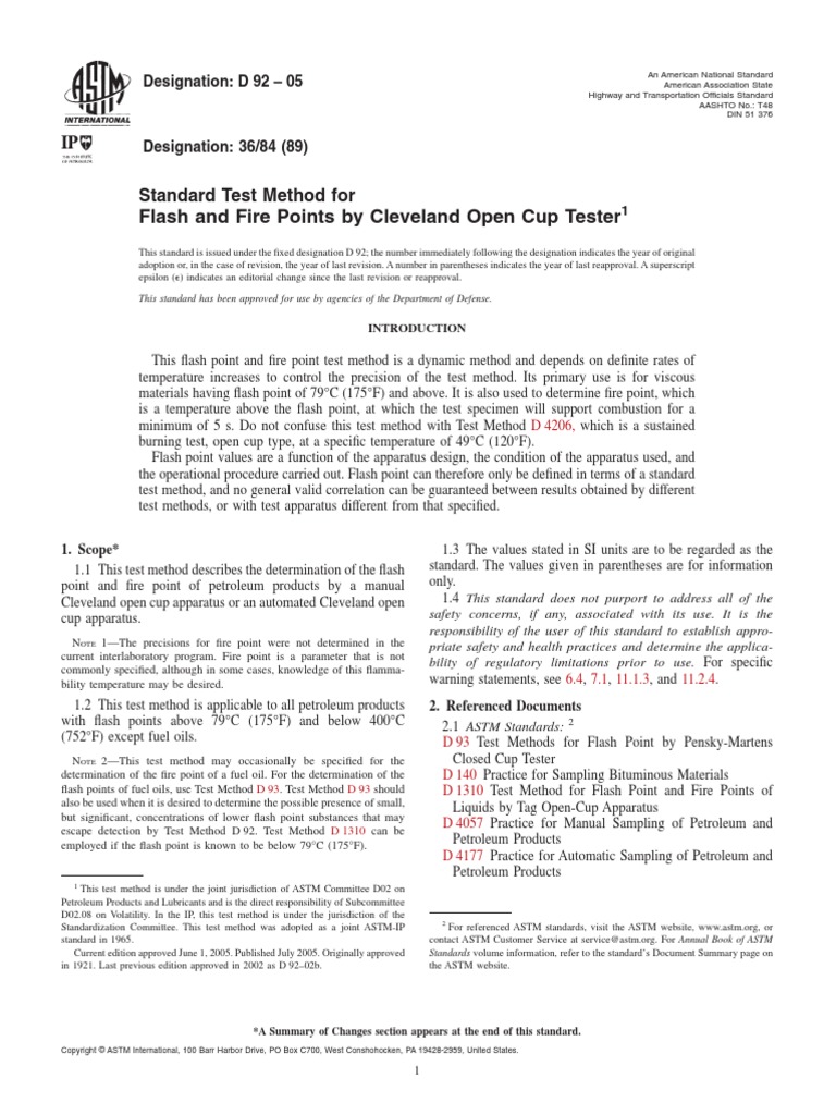 ASTMD92-05 Flash Point COC | PDF | Fires | Chemistry