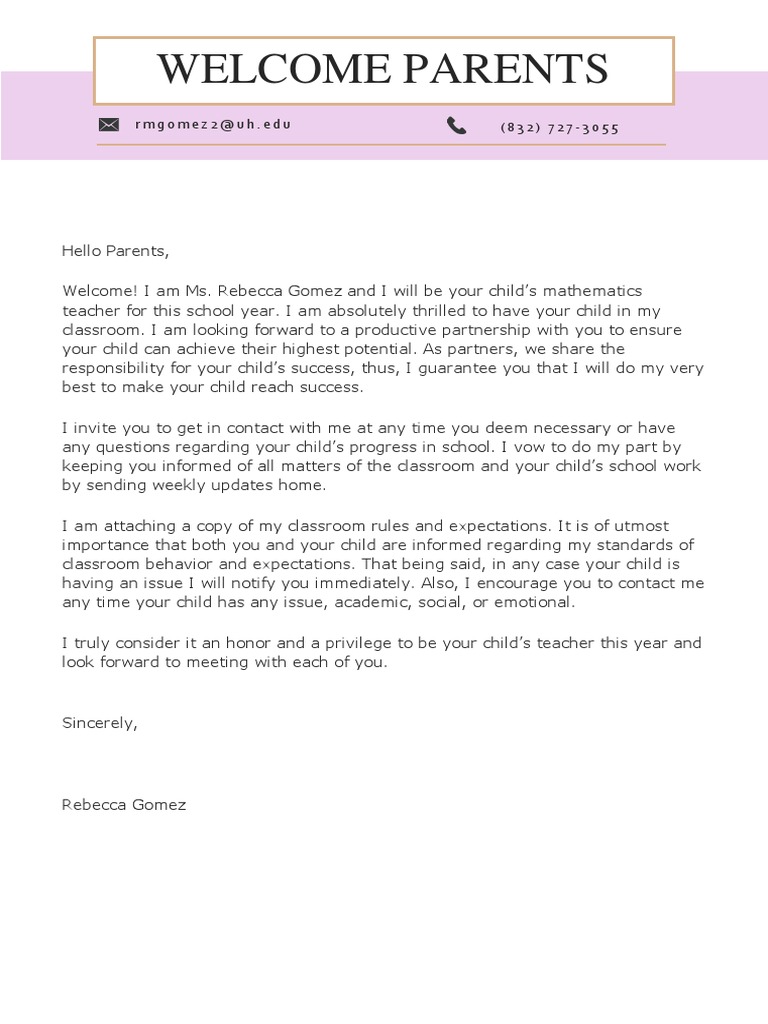 Welcome Parents Letter RG | PDF