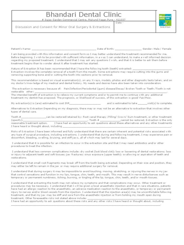 Informed Consent For Minor Oral Surgery & Dental Extractions PDF | PDF ...