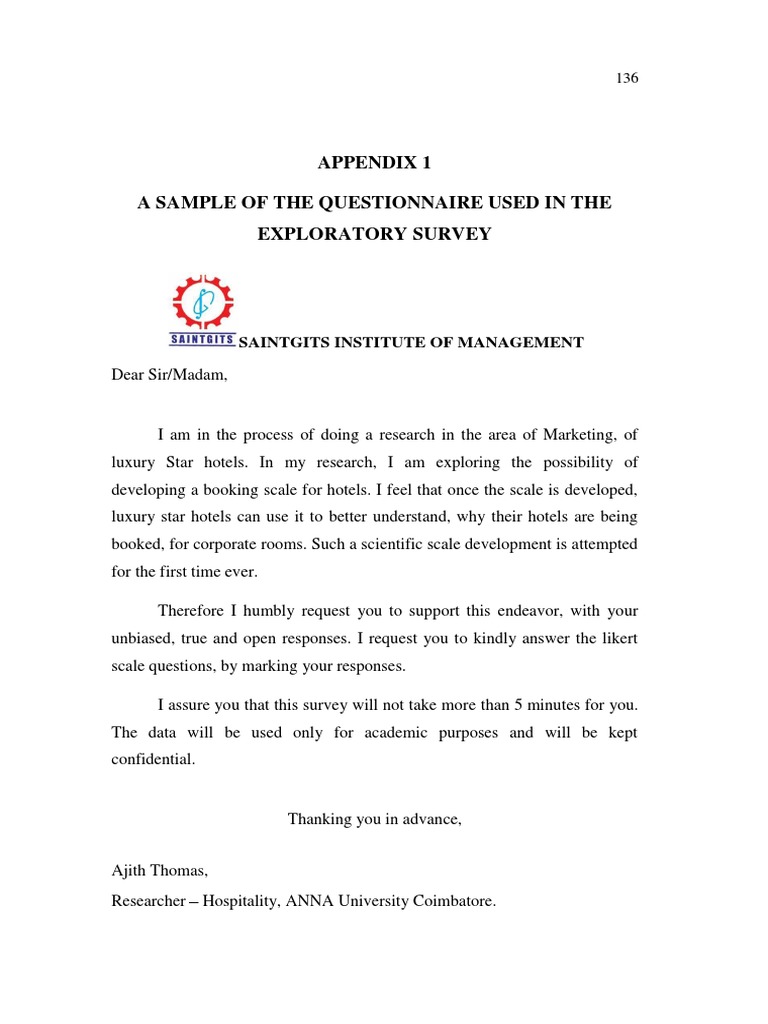 Appendix 1 A Sample of The Questionnaire Used in The Exploratory Survey ...