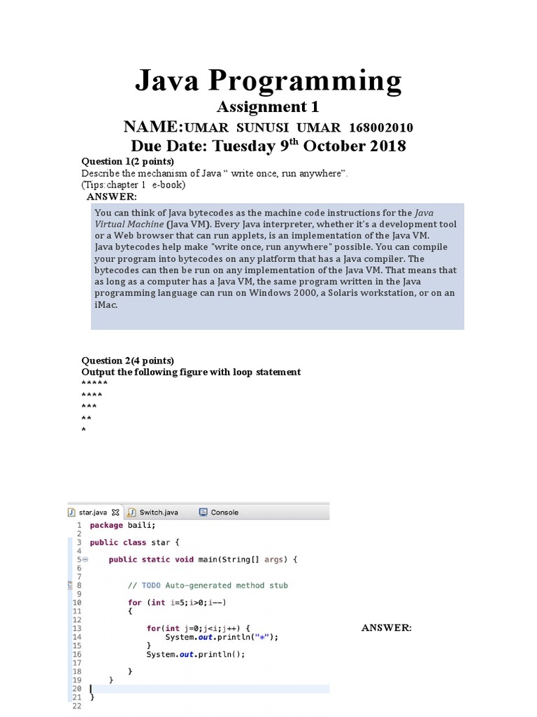 Java Programming: Assignment 1 Name: Due Date: Tuesday 9 October 2018 | PDF Java Programming: Assignment 1 Name: Due Date: Tuesday 9 October 2018 | PDF