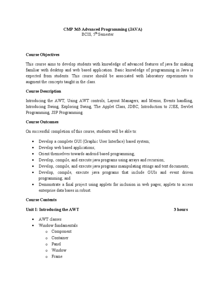 CMP 363 Advanced Programming (JAVA) | PDF | Java Server Pages | Java Servlet