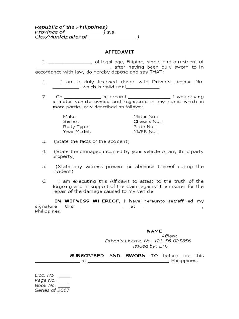 Affidavit: Republic of The Philippines) Province of - ) S.S. City ...