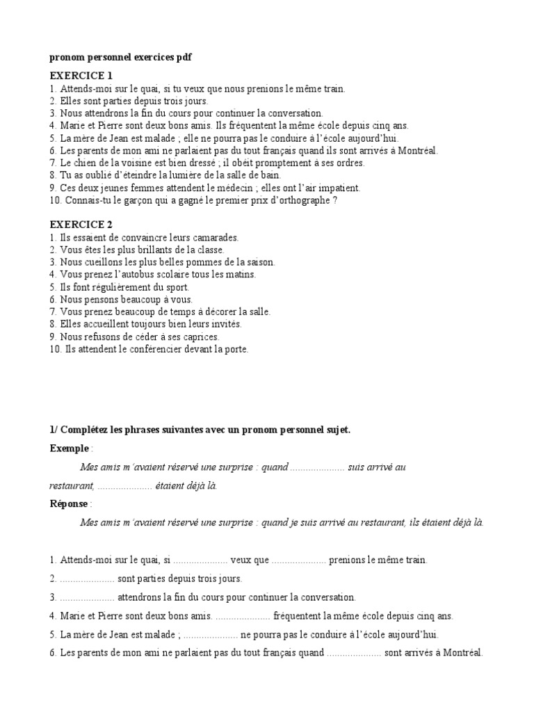 Exercices sur les pronoms personnels | PDF | Linguistique
