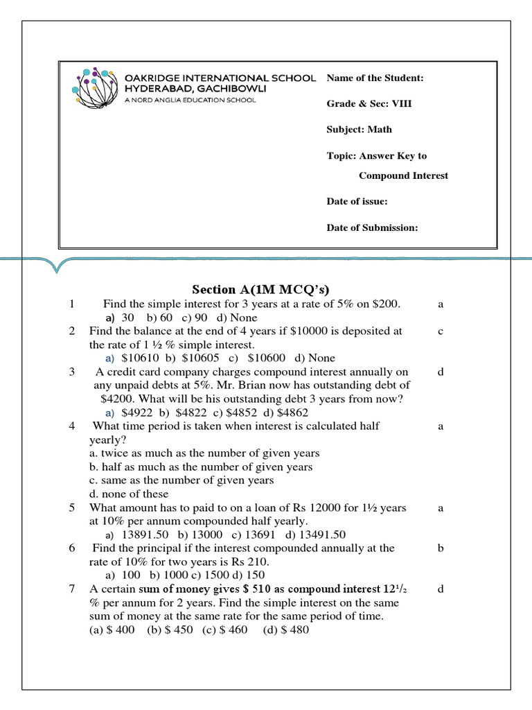 OIS CBSE GR-8 Answer Key Compound Interest PDF | PDF | Compound ...