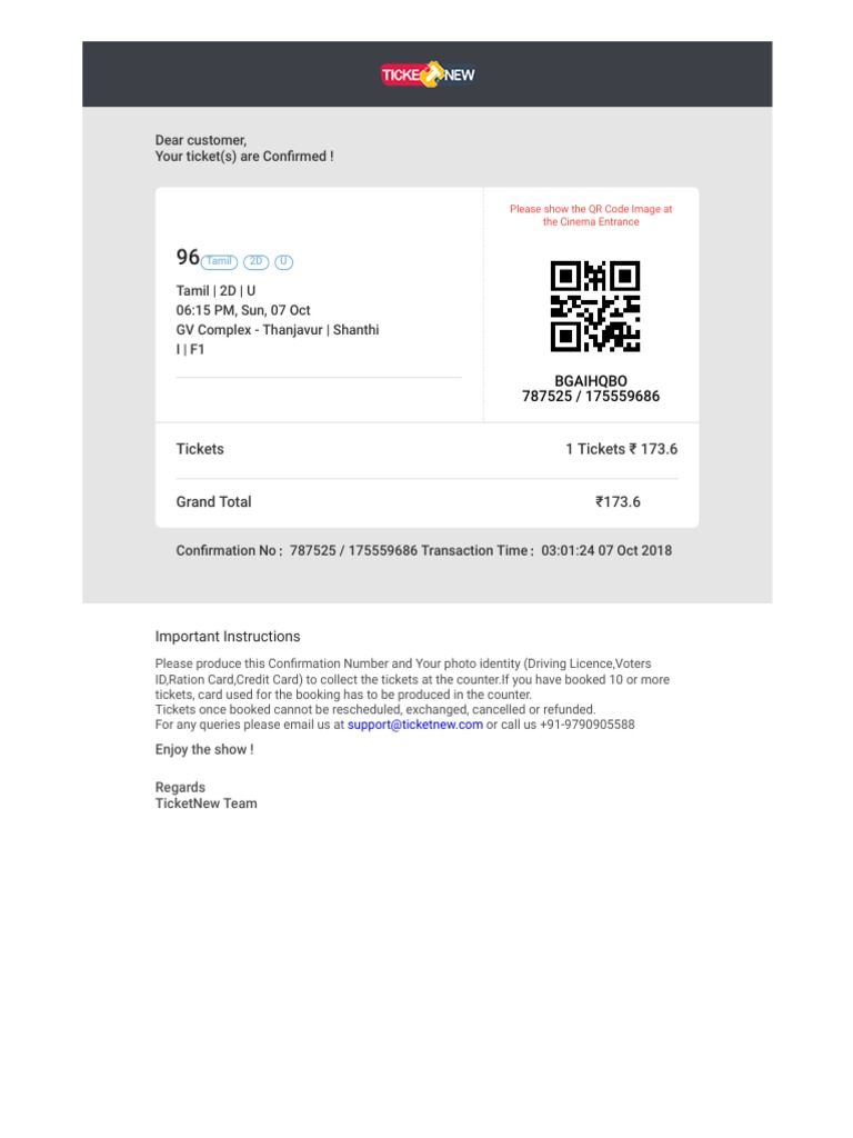 Dear Customer, Your Ticket(s) Are Confirmed !: Tickets 1 Tickets 173.6 ...
