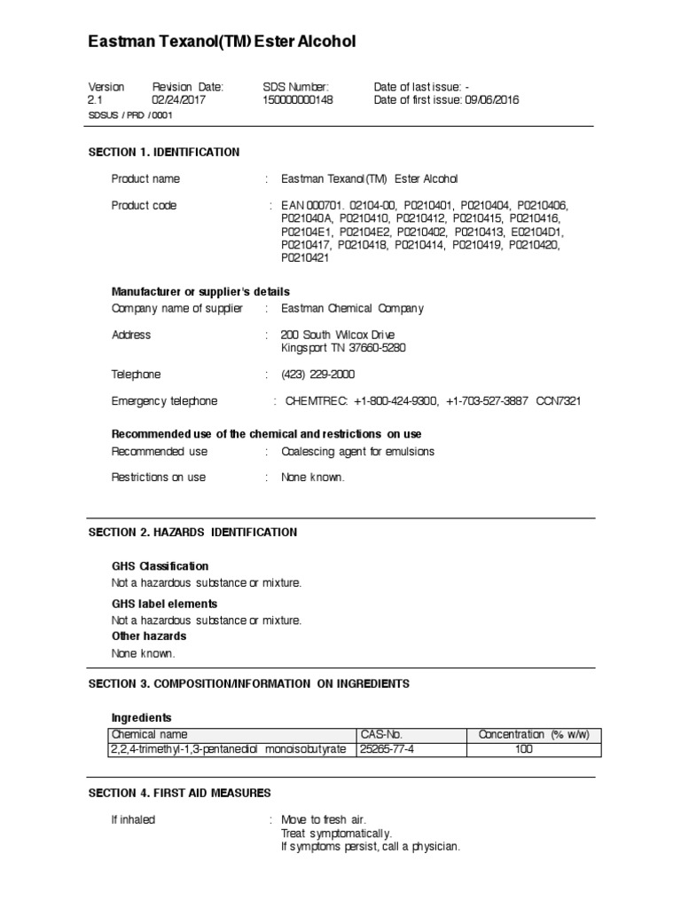 Texanol - Eastman - MSDS | PDF | Toxicity | Dangerous Goods