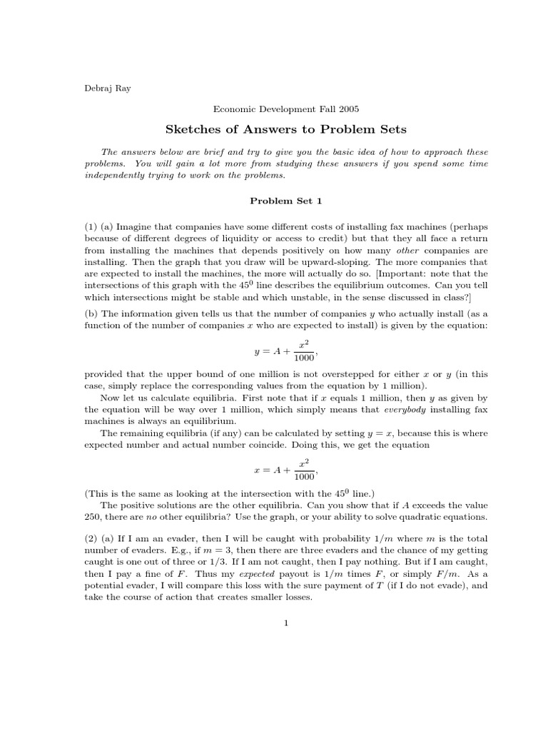 Sketches of Answers To Problem Sets: Debraj Ray | PDF | Economic ...