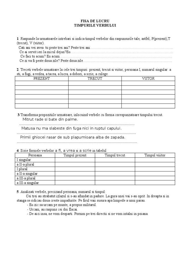 Fisa de Lucru - Timpurile Verbului | PDF