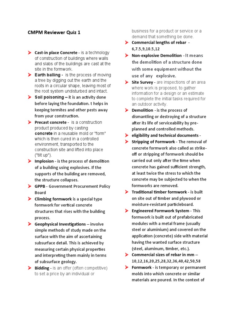 CMPM Reviewer Quiz 1: It Means The Demolition of A Structure Done With Some Equipment Without ...