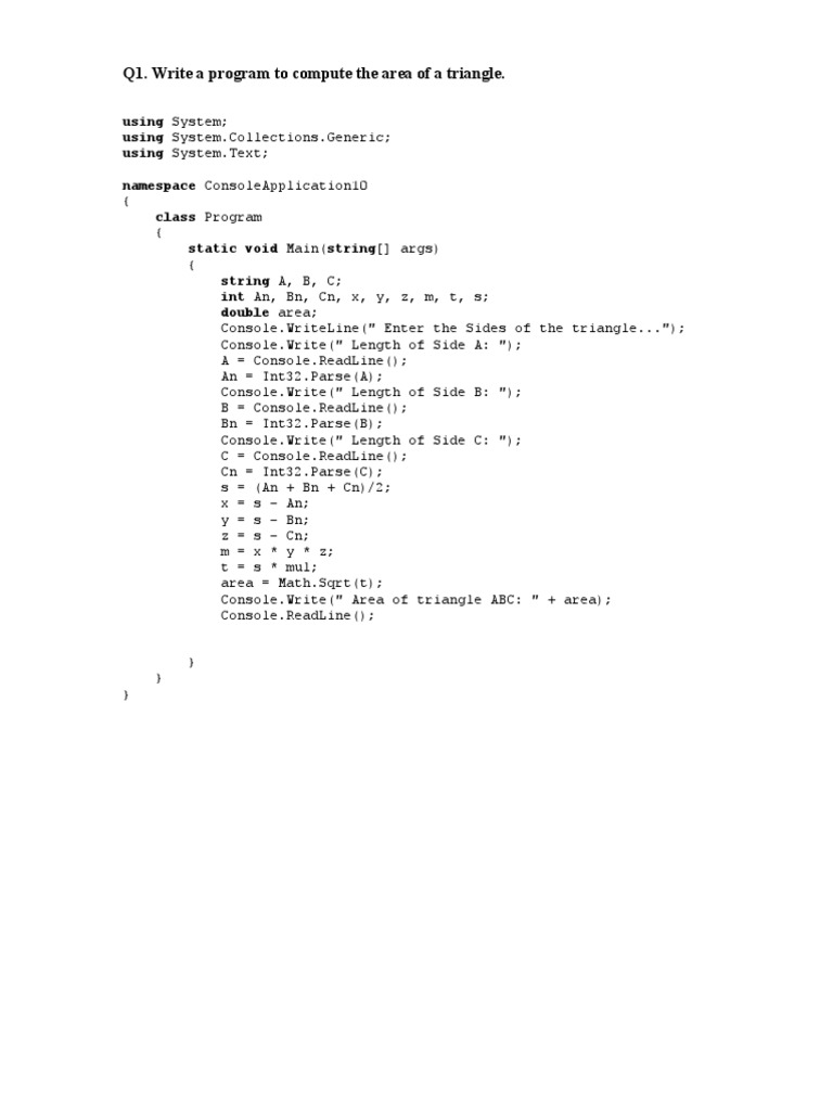 Q1 Write A Program To Compute The Area Of A Triangle Pdf C Sharp Programming Language
