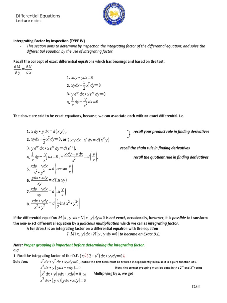 TYPE IV - Intergrating Factor by Inspection | PDF | Derivative | Equations