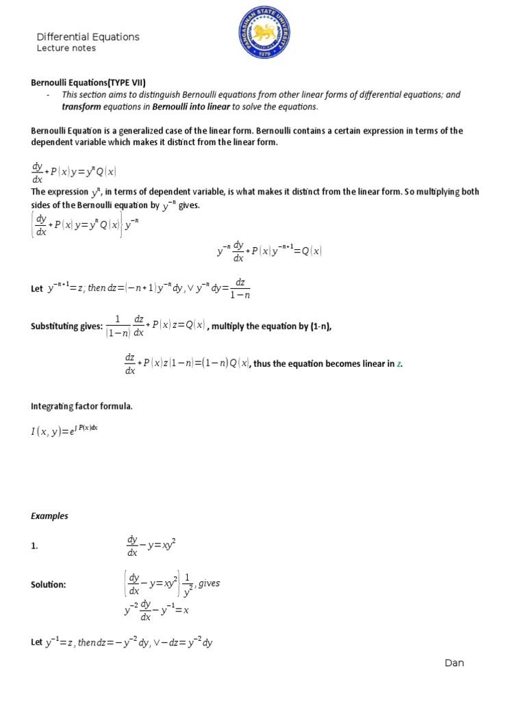 Bernoulli Differential Equations Guide | PDF | Equations | Differential Equations