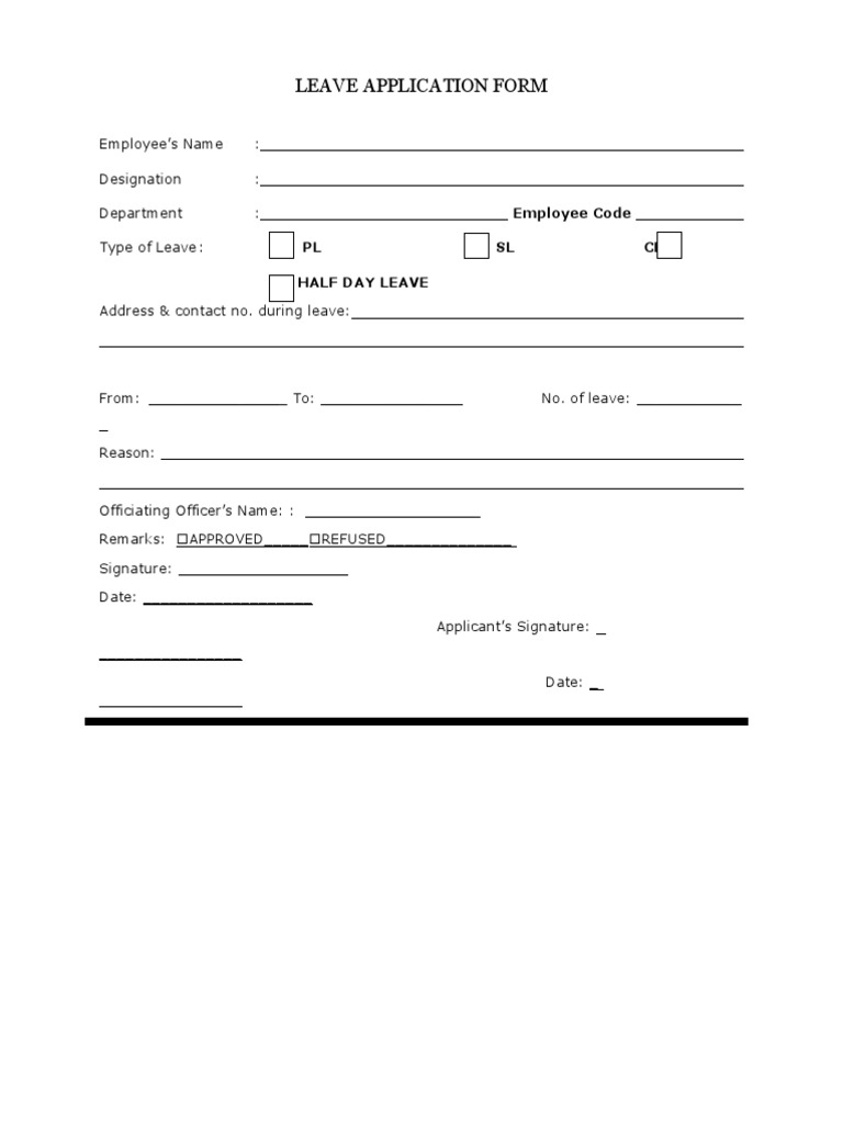 Leave Application Form: SL CL Half Day Leave | PDF