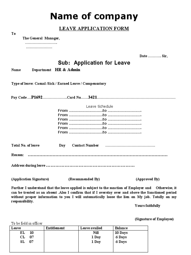Name of Company: Sub: Application For Leave | PDF