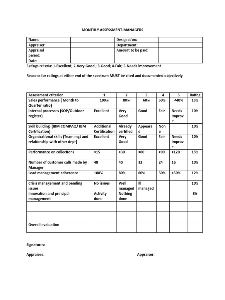 Monthly Manager Assessment Template | PDF