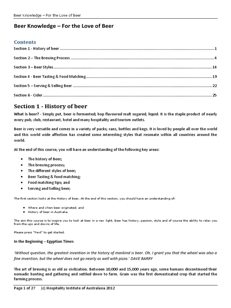 Beer Knowledge Course Notes PDF | PDF | Brewing | Beer