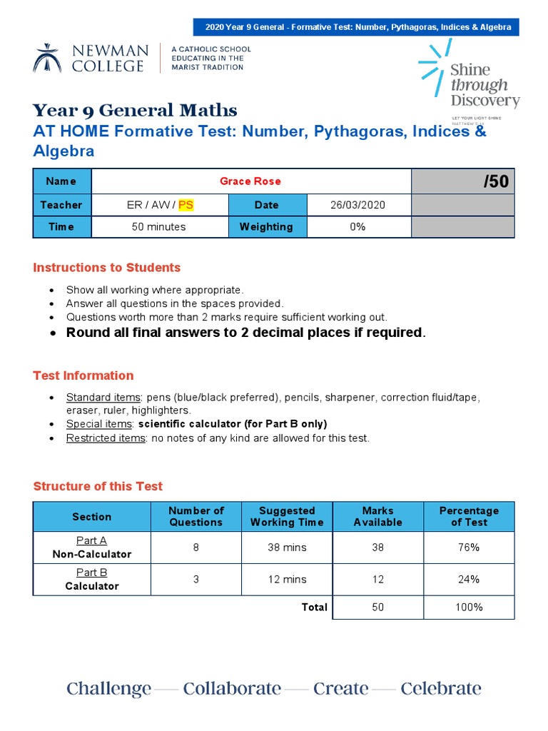 2020 Yr 9 General - AT HOME Formative Test Number, Pythagoras, Indices ...