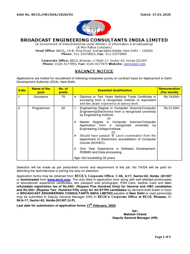 Broadcast Engineering Consultants India Limited: Vacancy Notice | PDF ...