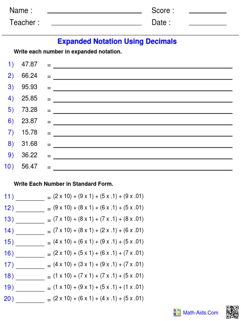 Expanded Notation With Decimals Worksheets