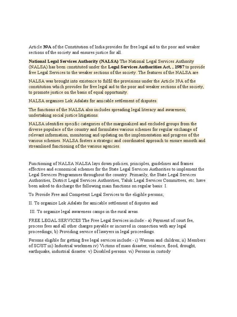 Article 39A of The Constitution of India Provides For Free Legal Aid To ...