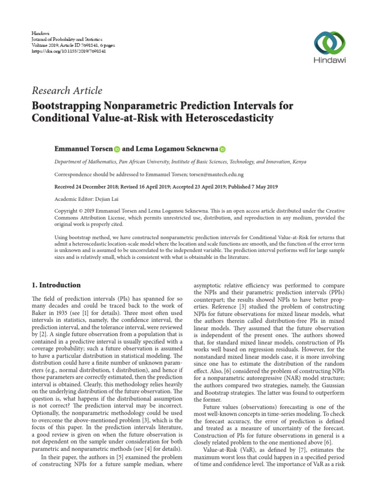 Research Article: Bootstrapping Nonparametric Prediction Intervals For Conditional Value-at-Risk ...
