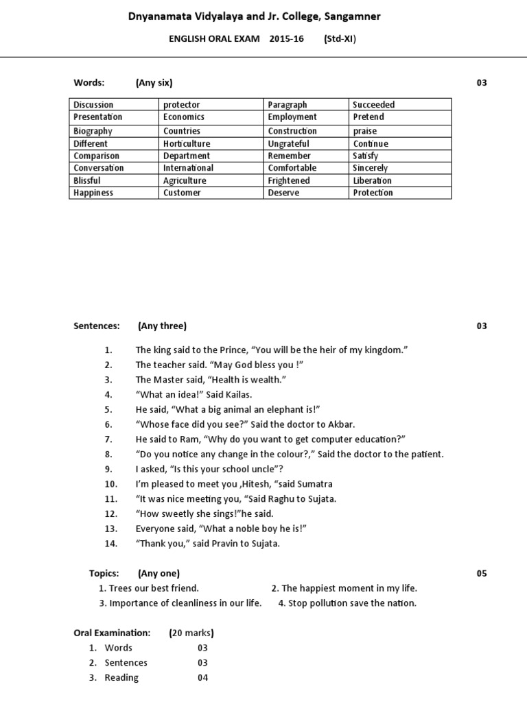 English Oral Exam Guide 2015-16 | PDF