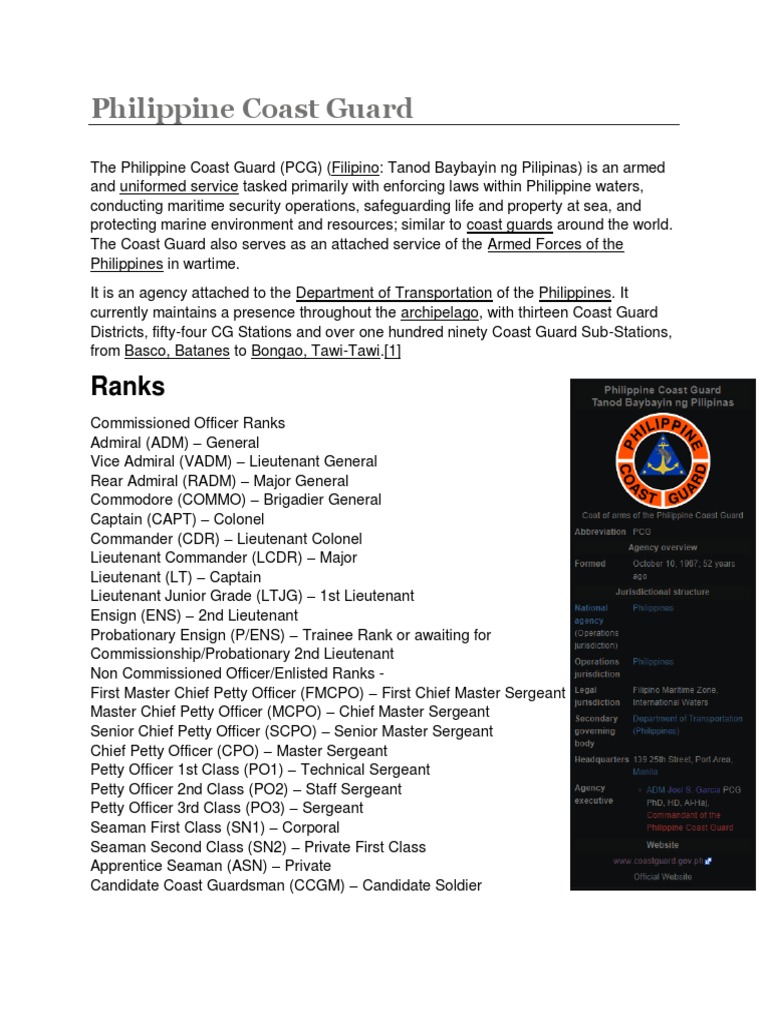 Philippine Coast Guard: Ranks | PDF | Ranks | Military Organization