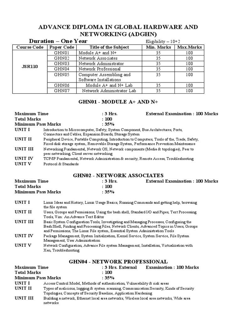 Advanced Diploma in Global Hardware and Networking Course Structure ...