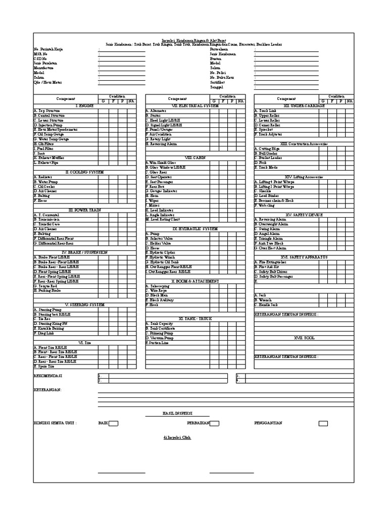 Checklist Alat Berat | PDF | Brake | Pump