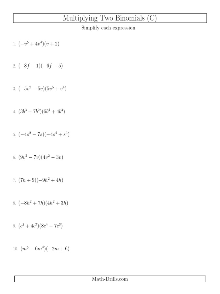 Multiplying Two Binomials (C) : Simplify Each Expression | PDF ...