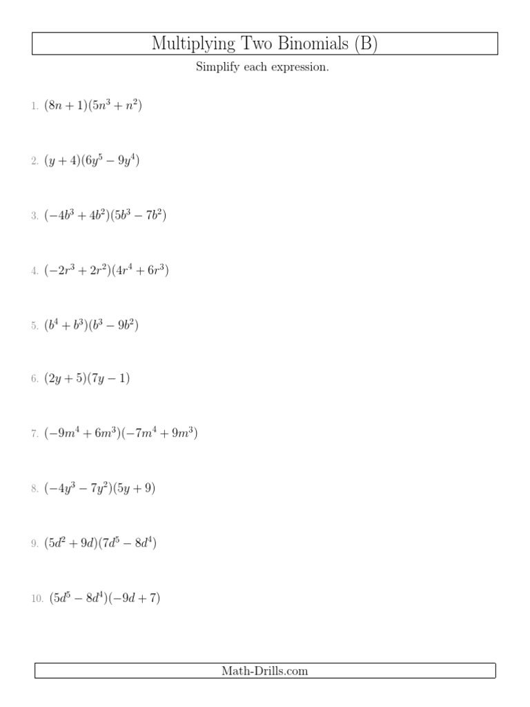 Multiplying Two Binomials (B) : Simplify Each Expression | PDF
