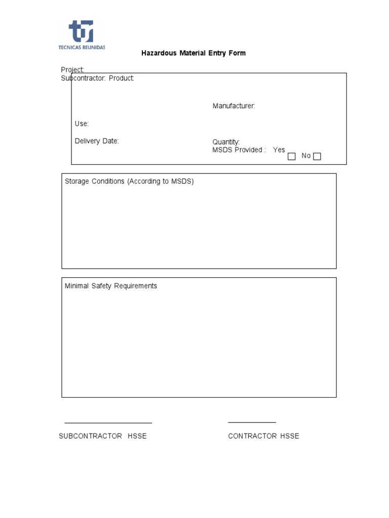 Project: Subcontractor: Product:: Hazardous Material Entry Form | PDF