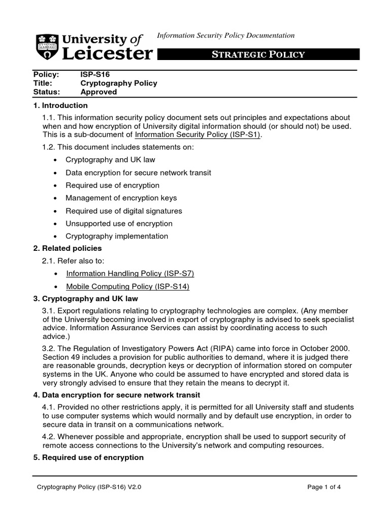 Cryptography Policy - ISP-S16 | PDF | Encryption | Cryptography