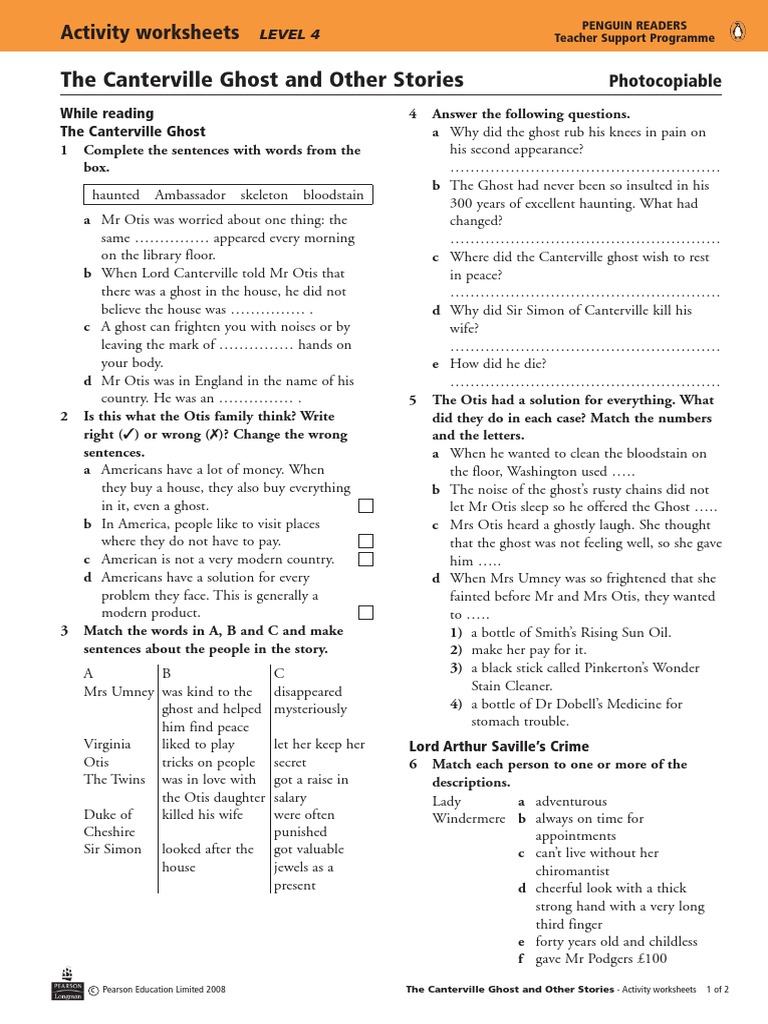 The Canterville Ghost and Other Stories: Activity Worksheets | PDF