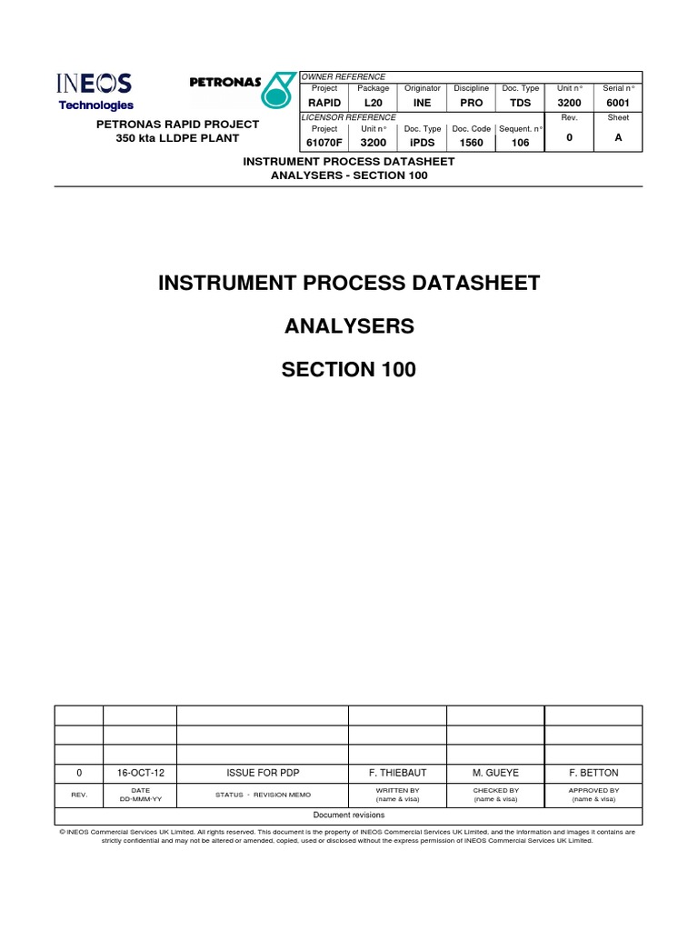 Instrument Process Datasheet Analysers Section 100: Technologies ...