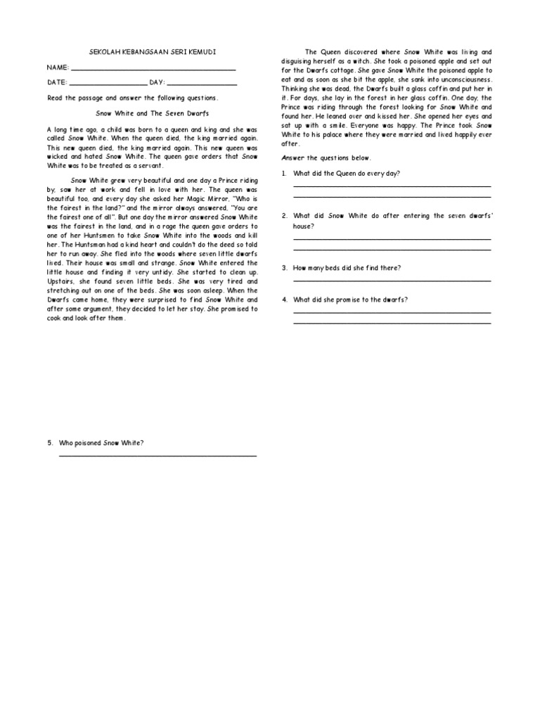 Read The Passage and Answer The Following Questions. Snow White and The ...