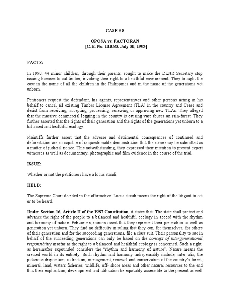 Case # 8 Oposa Vs. Factoran [G.R. No. 101083. July 30, 1993] | Standing ...
