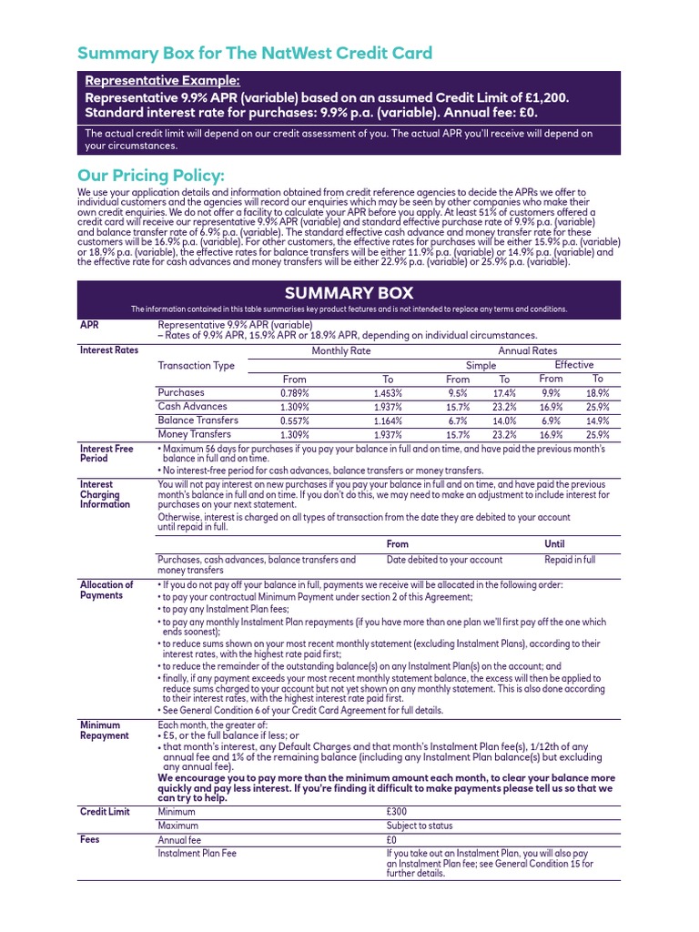 NatWest Credit Card Summary and Fees | PDF | Annual Percentage Rate ...