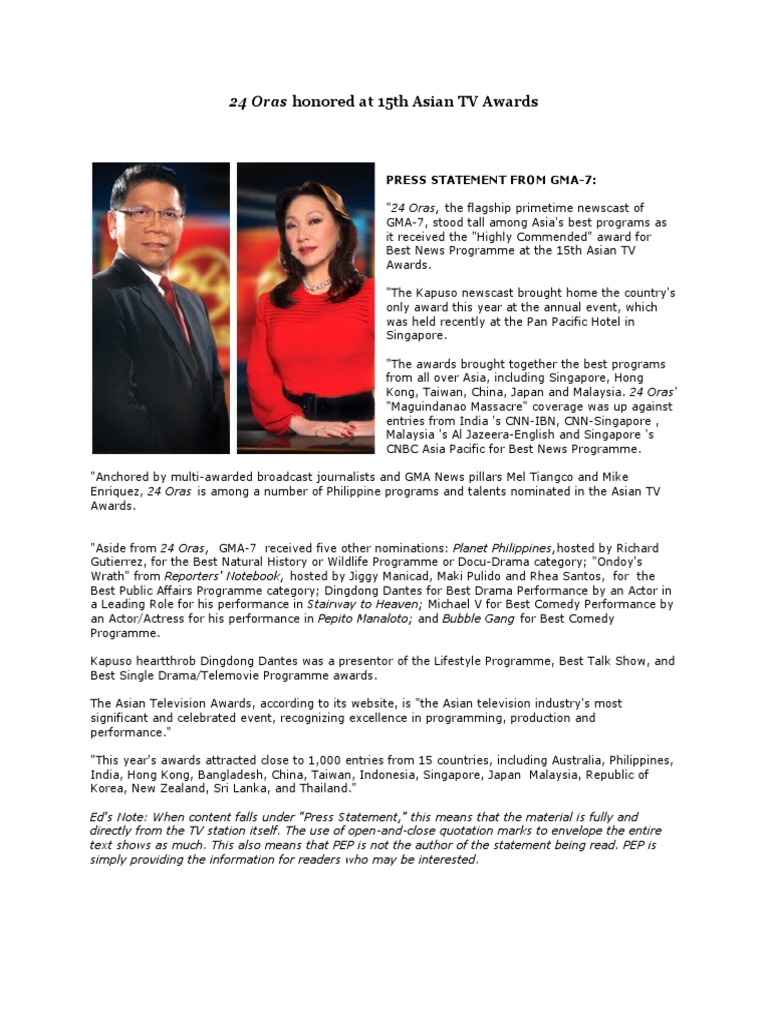 24 Oras Honored at 15th Asian TV Awards: Press Statement From Gma-7 ...