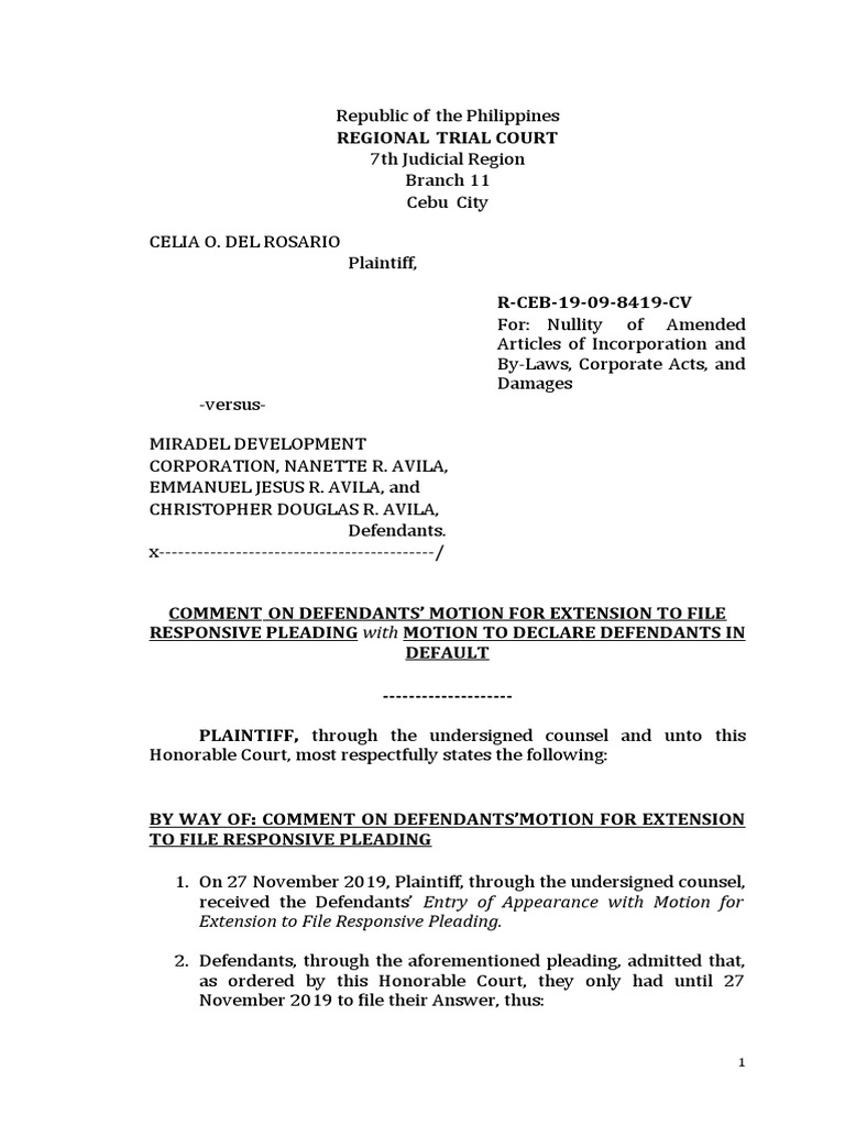 Extension To File Responsive Pleading | PDF | Pleading | Judiciaries