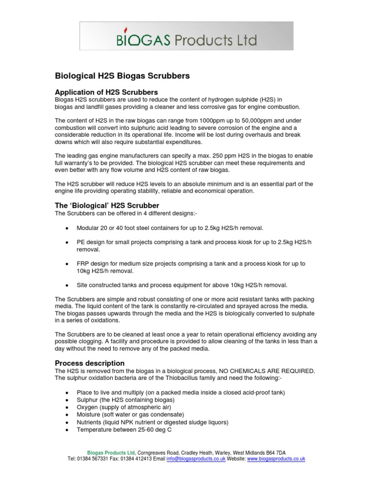H2S Scrubber Description | Biogas | Hydrogen